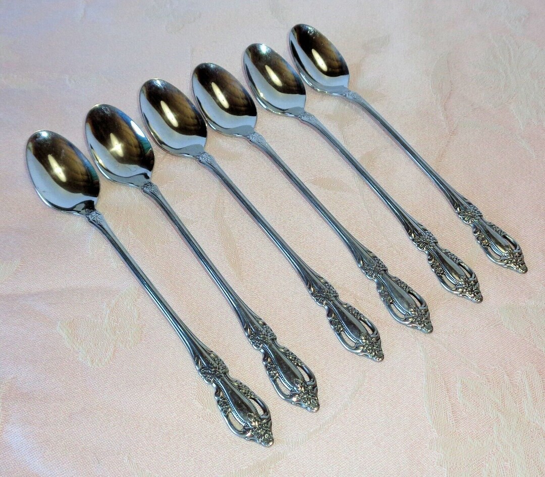 Oneida RAPHAEL Stainless 6 Iced Tea Spoons Parfait Long Handle Roses ...