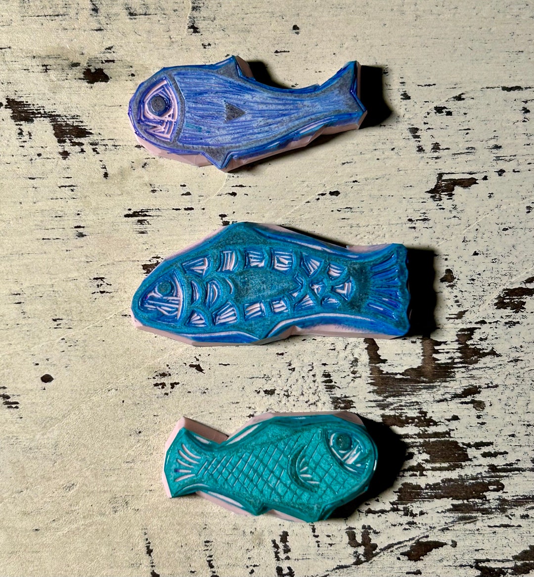 Three Little Fish Hand Carved Rubber Stamp Set - Etsy