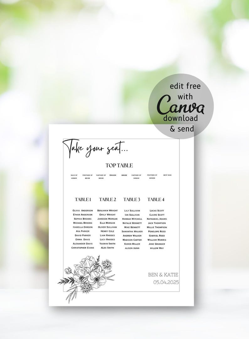 DIY Wedding Seating Chart Template- Canva Digital Template | Printable ...