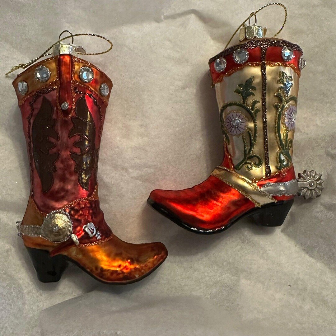 Vintage KSA Kurt Adler 2 Cowboy Boot With Spur Glass Ornaments Western ...