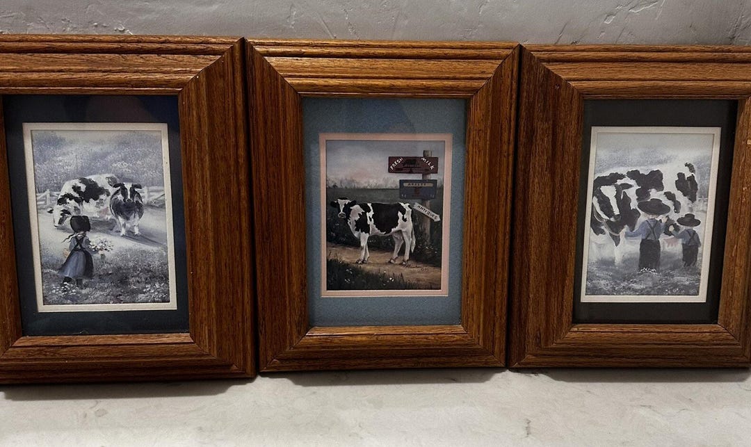 Vintage Dairy Cow Art Wood Framed Matted Set of 3 1980s Country House ...