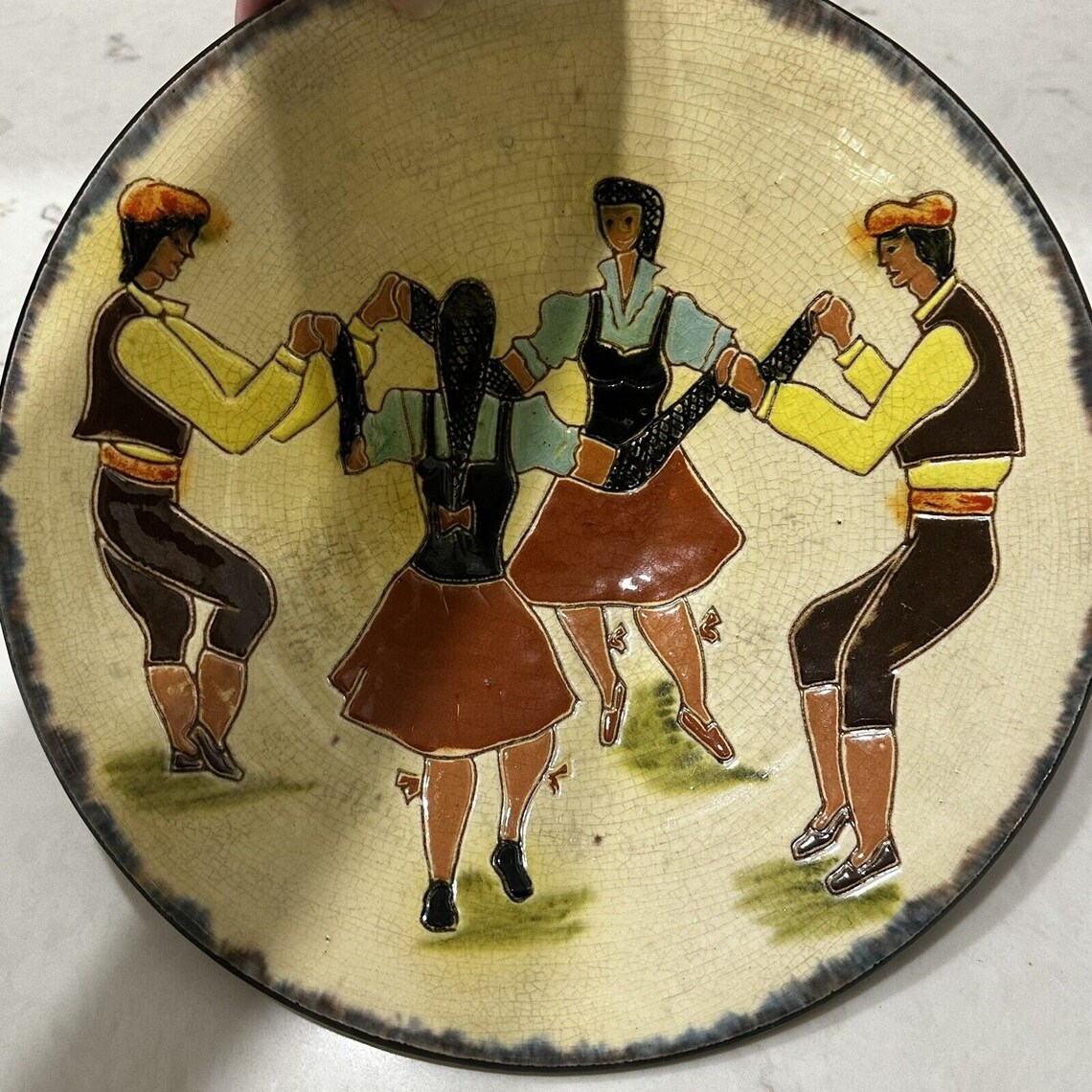 Vintage Redware Pottery Sgraffito Men Women Dancers Large Decorative ...