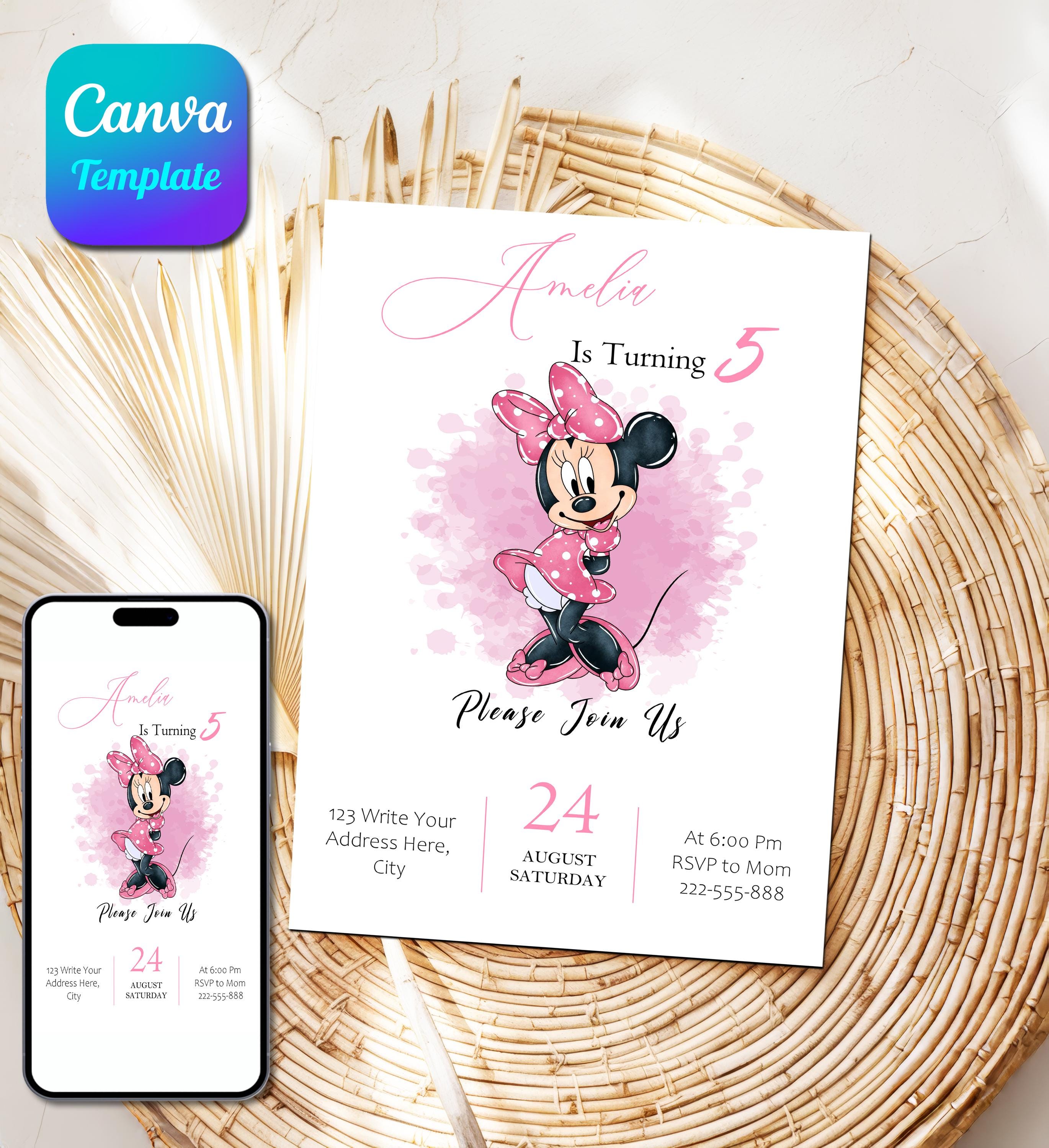 Editable Light Pink Minnie Mouse Birthday Invitation, Printable ...