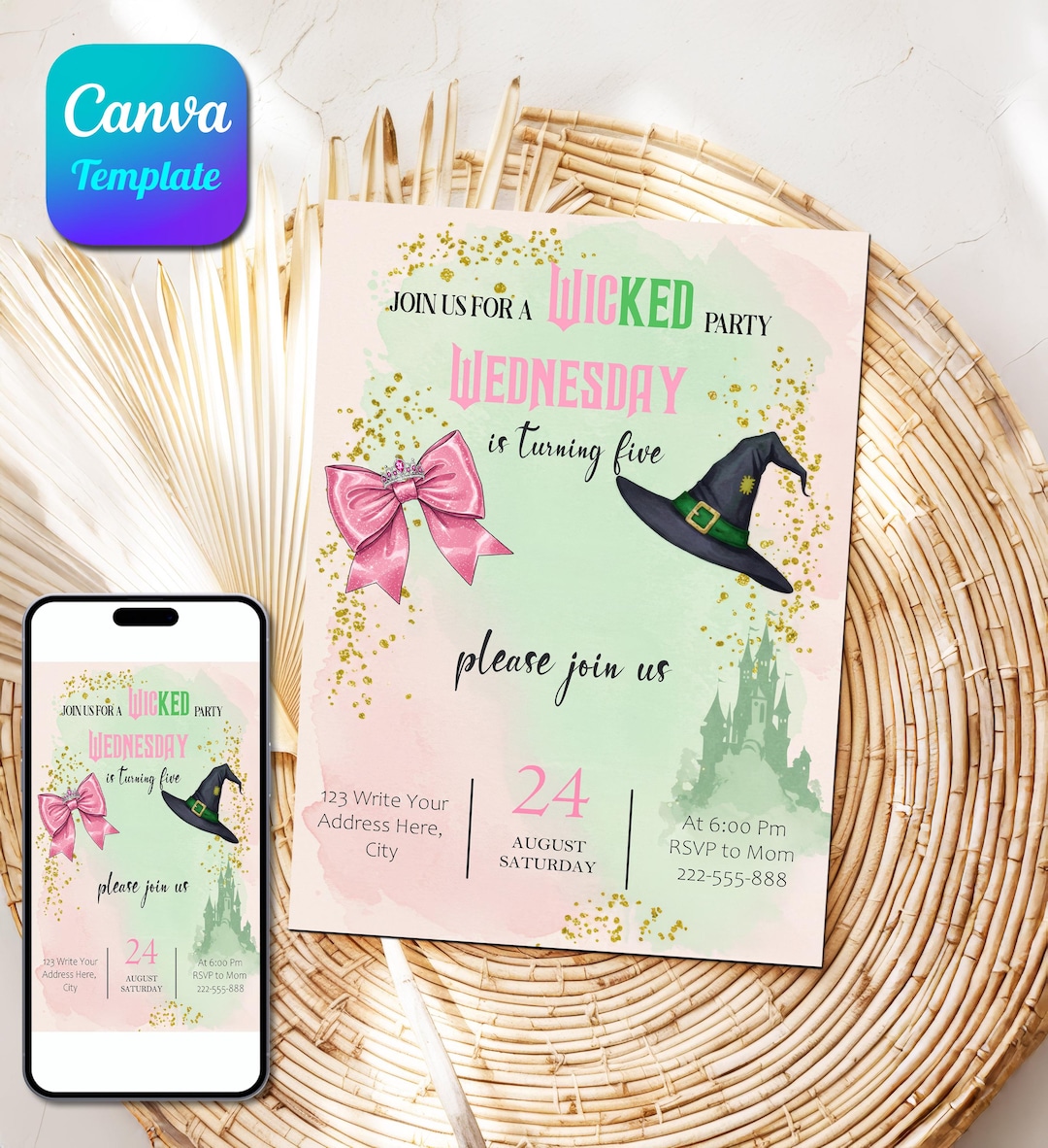 Editable Birthday Wicked Party Invitation, Pink and Green for Girls ...