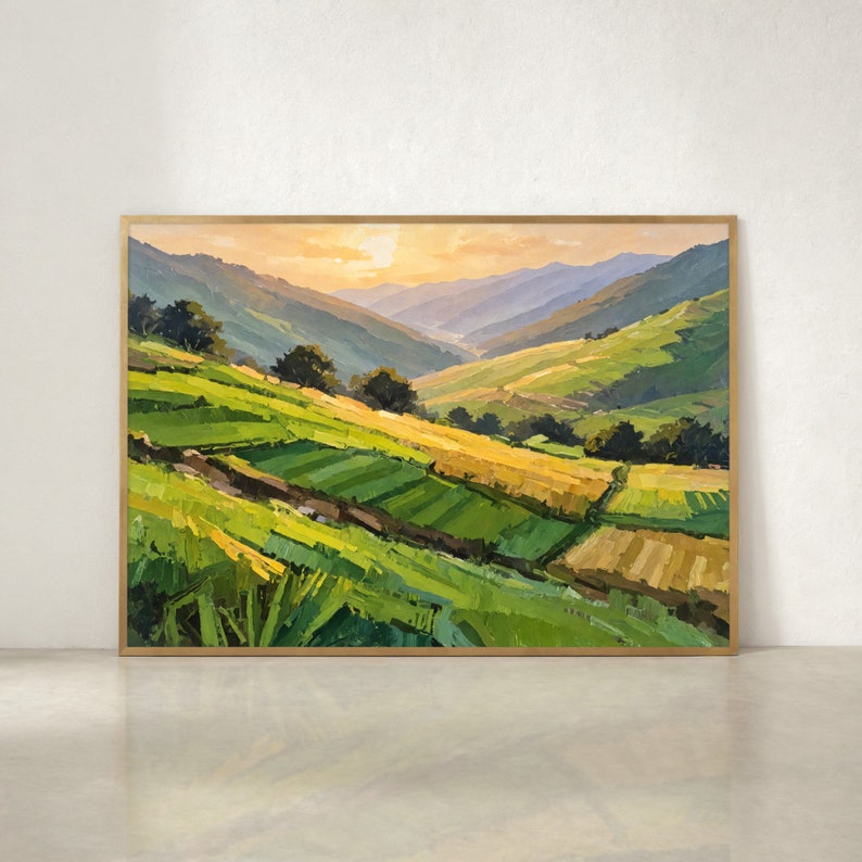 Misty Valley, Golden Hour, Rice Terraces, Morning Landscape Painting ...