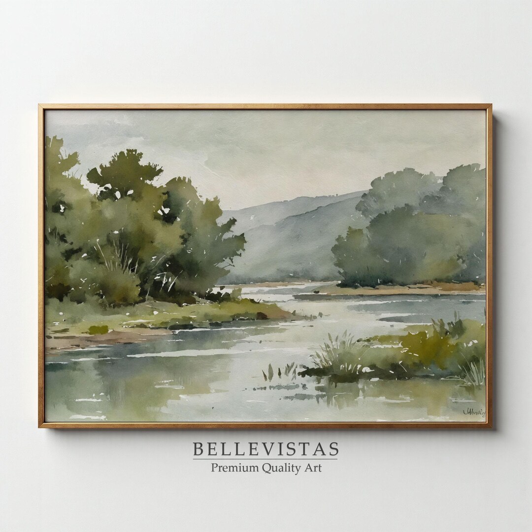 Sage Green Wall Art Wetland River Watercolor Landscape Painting Wetland ...