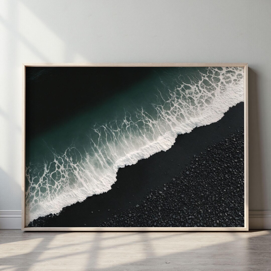 Black Beach Print Download Aerial Ocean Wave Wall Art Coastal Decor ...