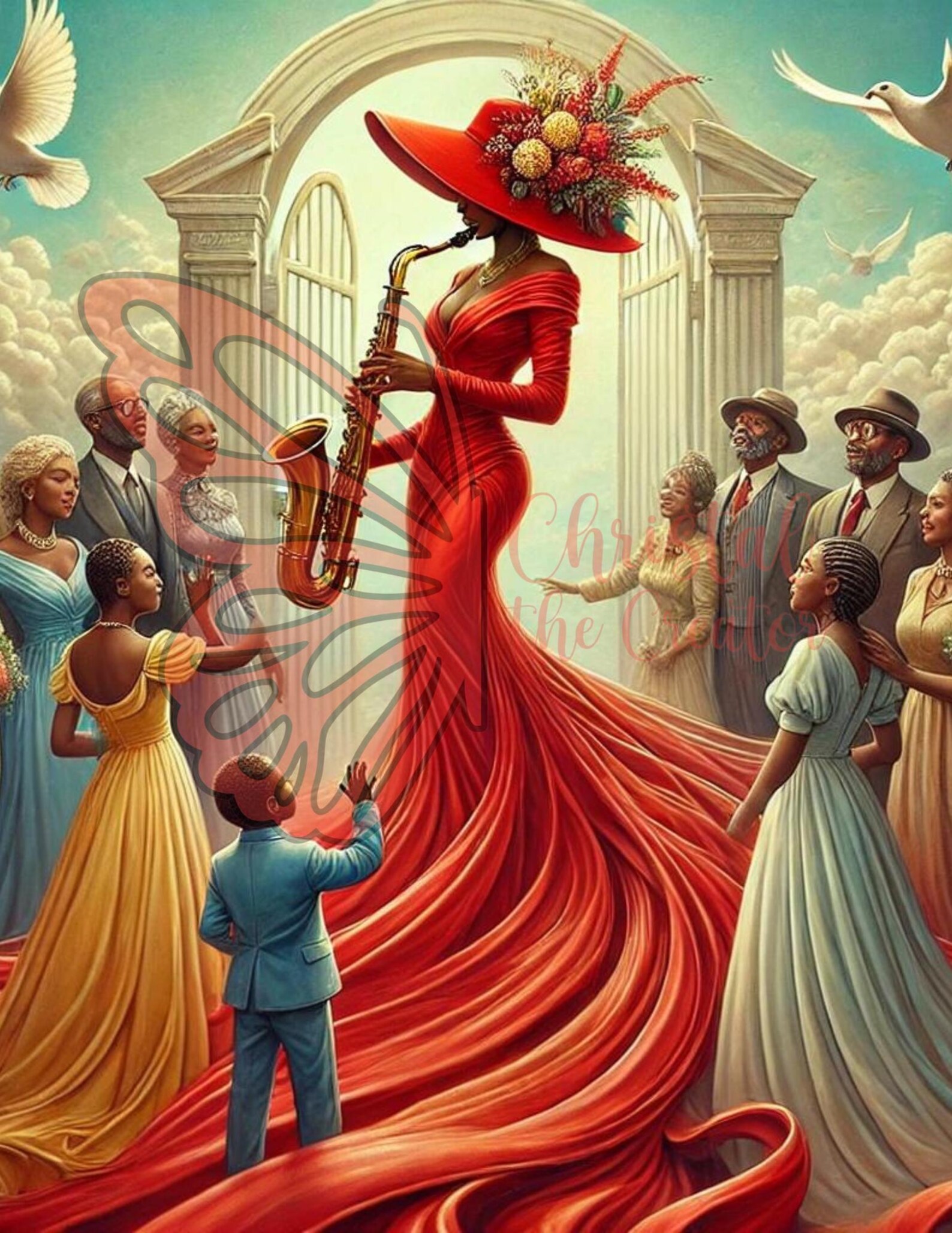 Elegant Lady in Red With Saxophone in Heaven: A Striking Art Print ...