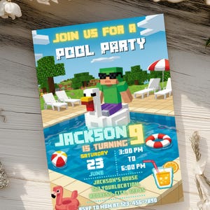 Editable Minecraft Pool Party Invitation | Minecrafter Birthday ...