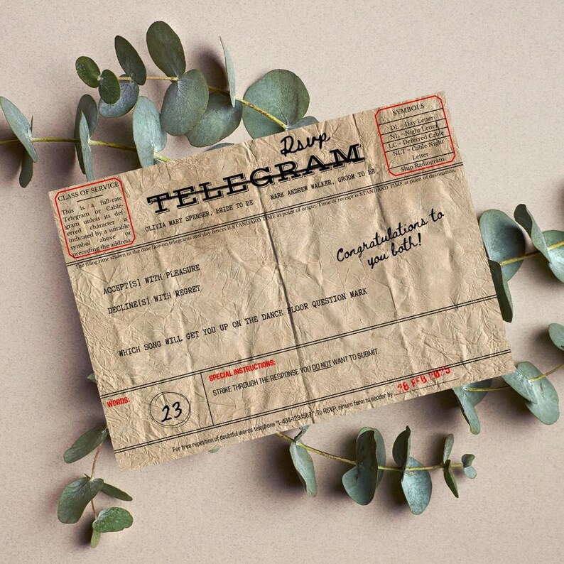 Vintage Telegram Wedding Invitation Template: 1920s Theme (editable ...