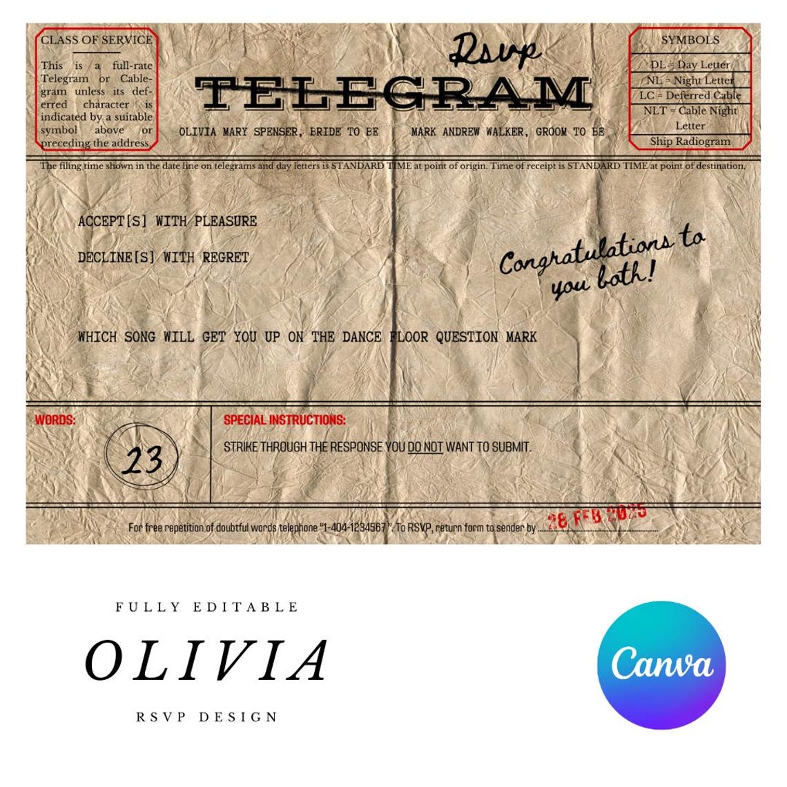 Editable Telegram Wedding Template Western Union Telegram Invite ...