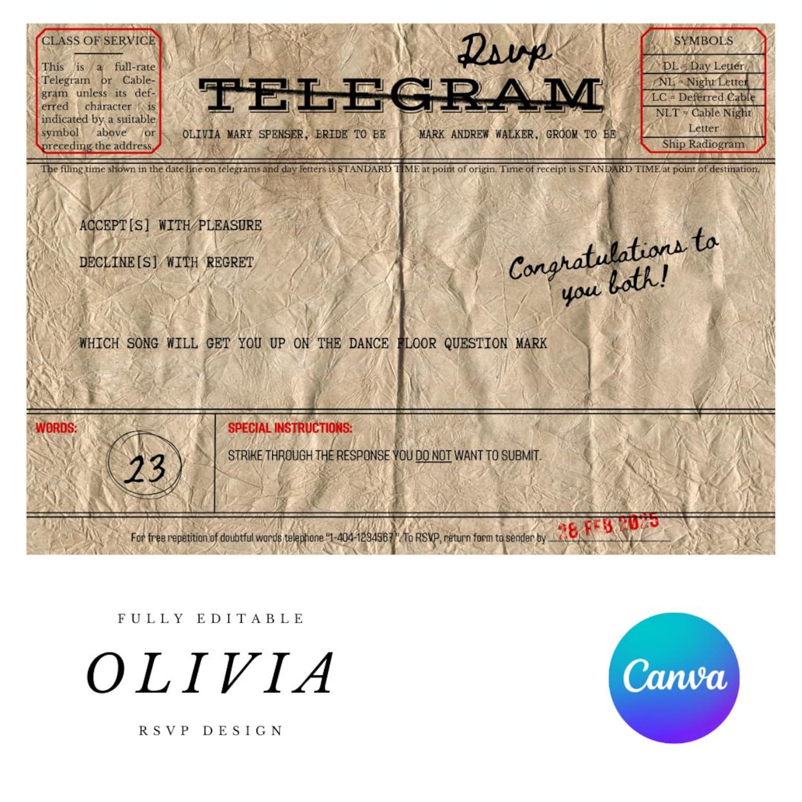 Editable Telegram Wedding Template Western Union Telegram Invite ...