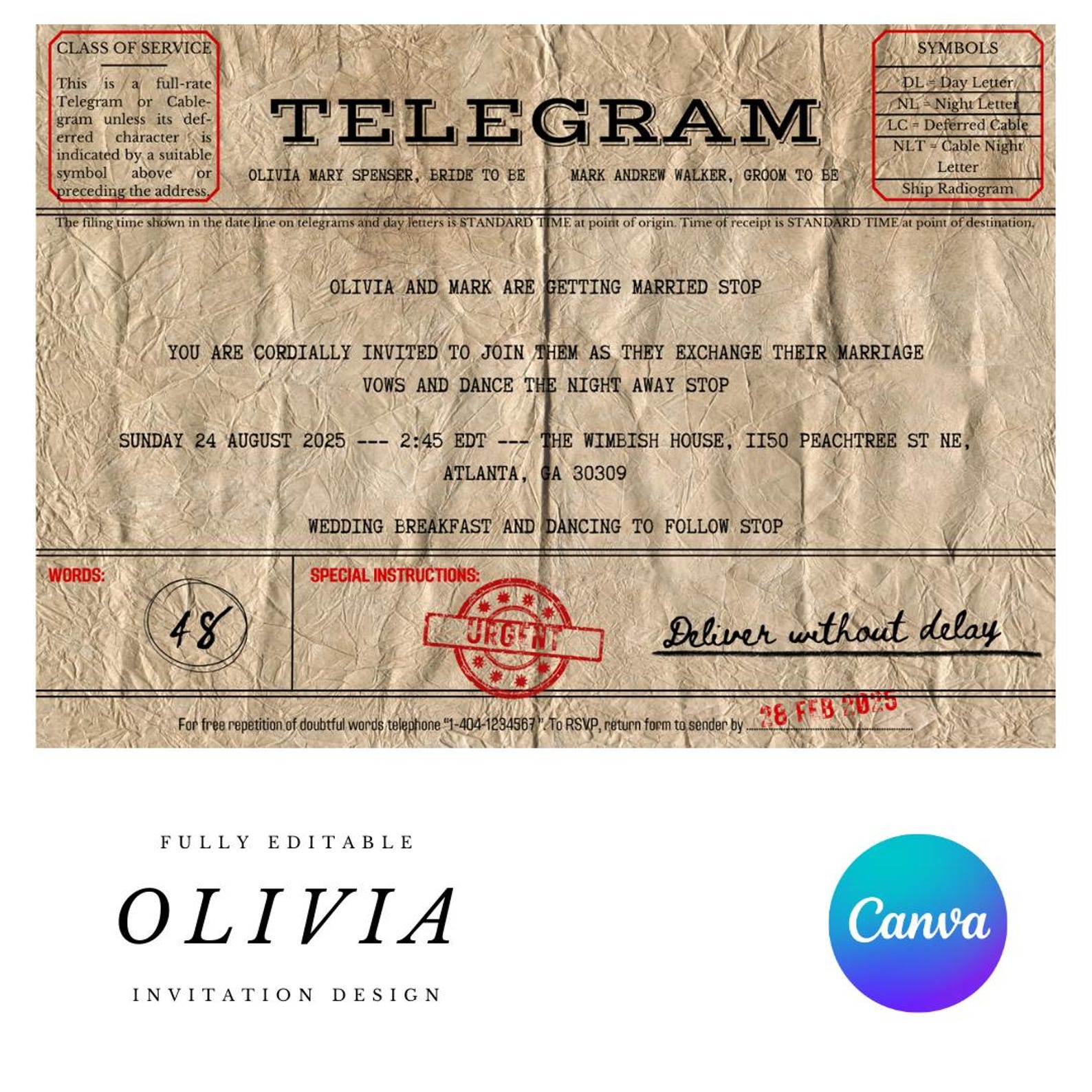 Editable Telegram Wedding Template Western Union Telegram Invite ...