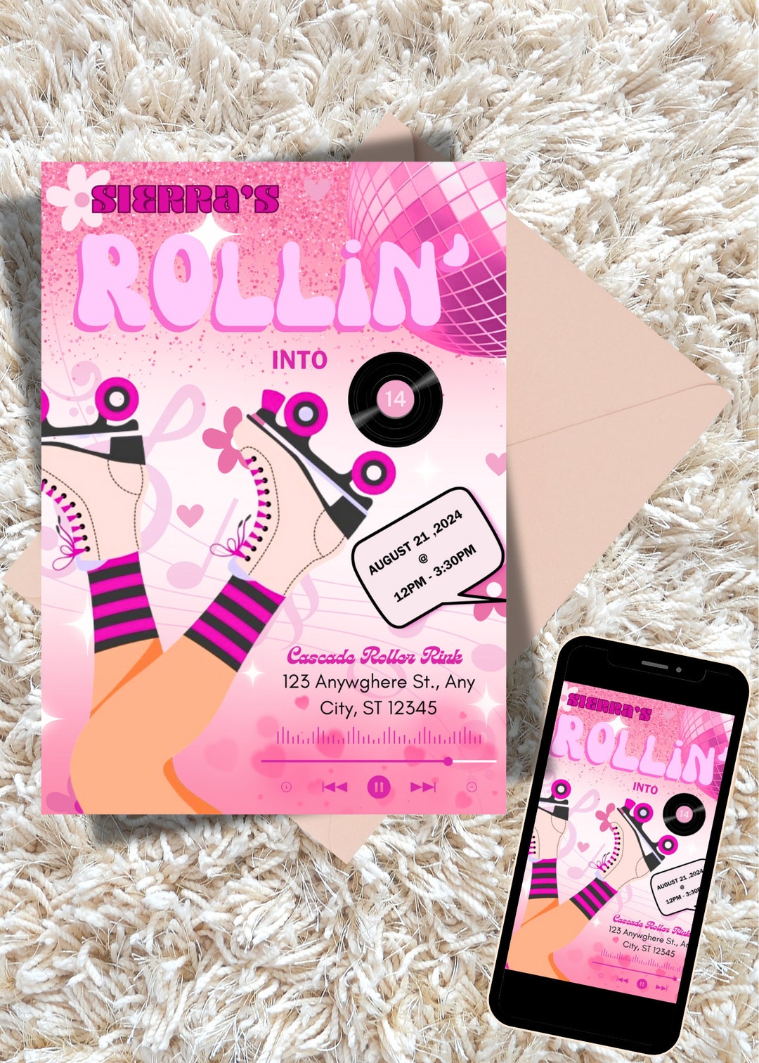 Roller Disco Skate Party Invitation Template, Pink Retro Roller Skating ...