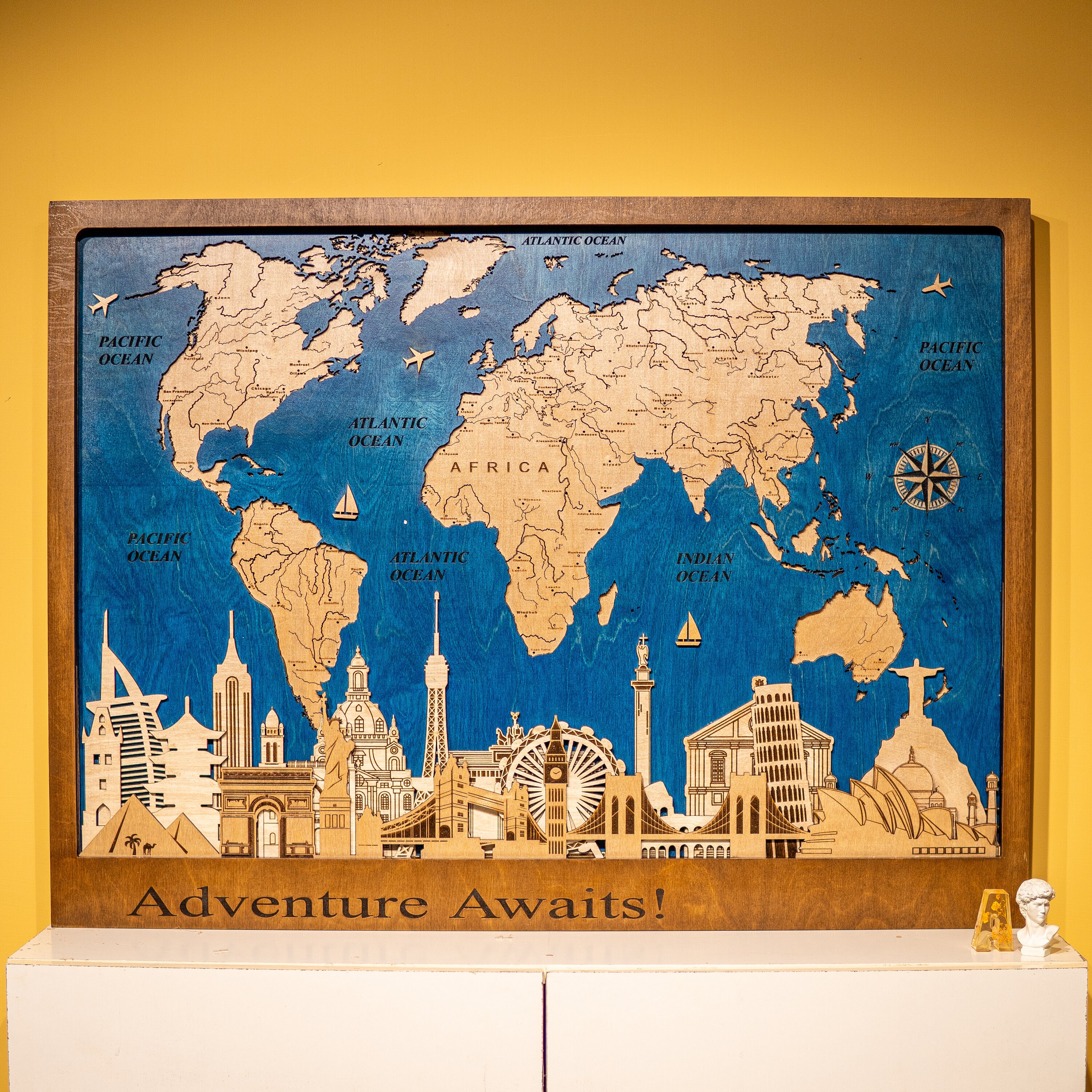 Wooden Map , World Map With Landmarks , Custom Map Engraved on Wood ...