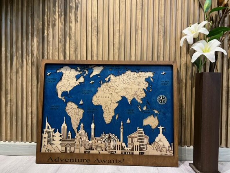 Wooden Map , World Map With Landmarks , Custom Map Engraved on Wood ...