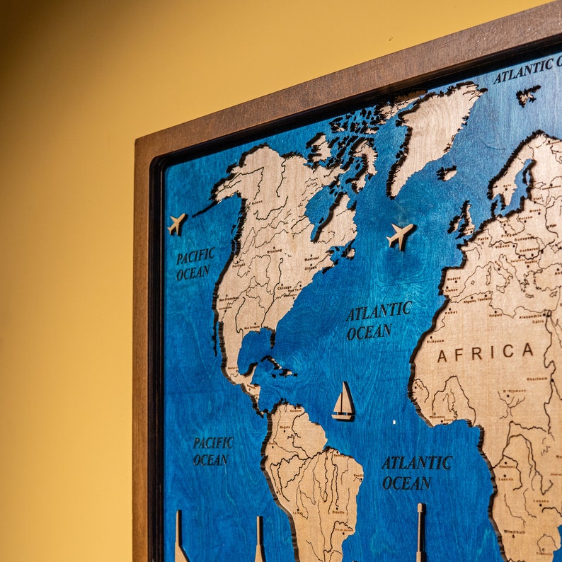 Wooden Map , World Map With Landmarks , Custom Map Engraved on Wood ...
