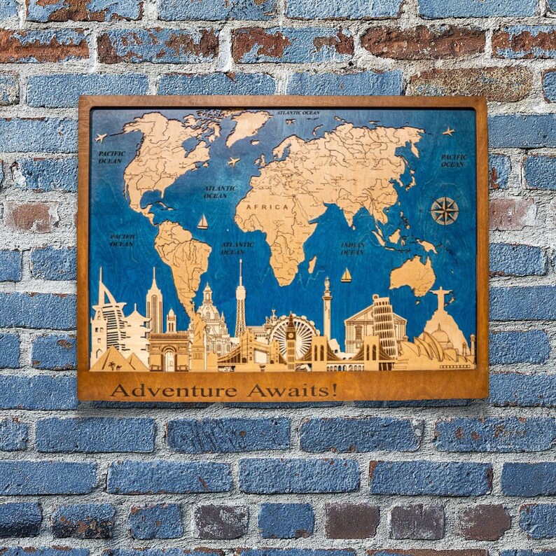 Wooden Map , World Map With Landmarks , Custom Map Engraved on Wood ...