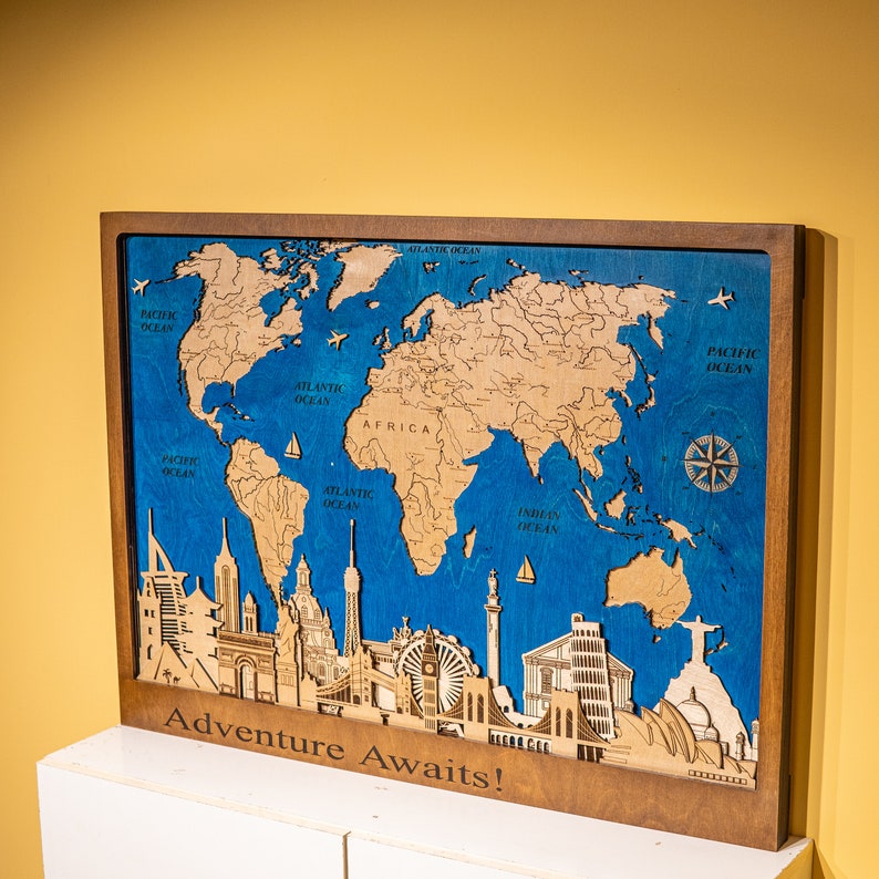 Wooden Map , World Map With Landmarks , Custom Map Engraved on Wood ...
