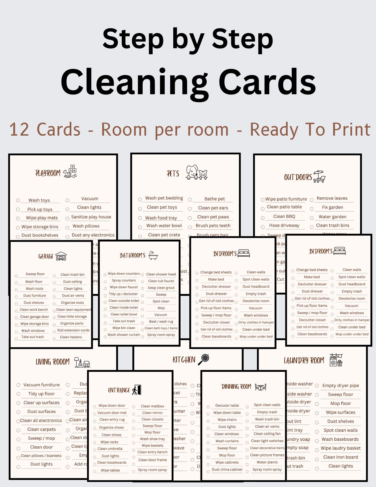12 Guided Cleaning Cards for Family, Kids, Teens. Room per Room Cards ...
