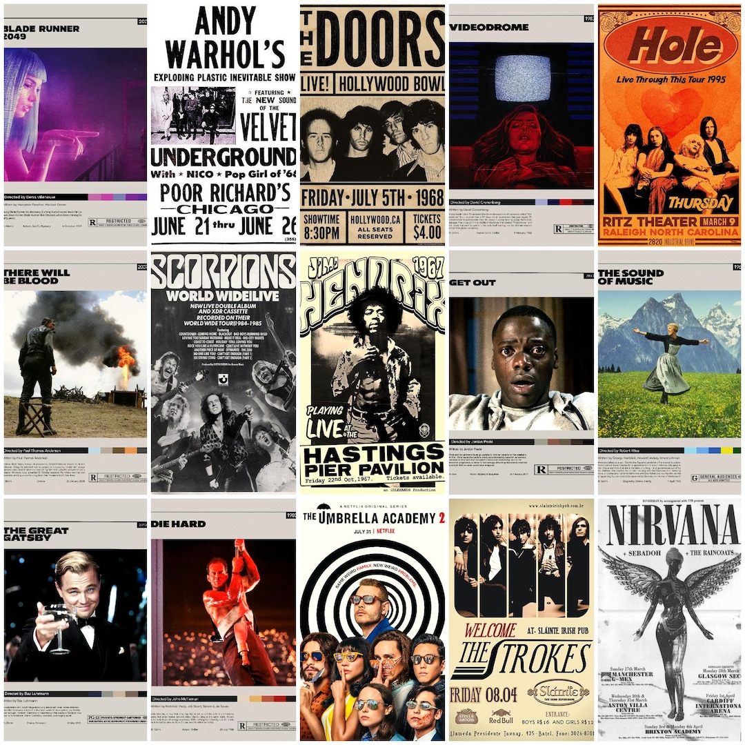 12 Iconic Music and Movie Posters Bundle Digital Download Wall Art ...
