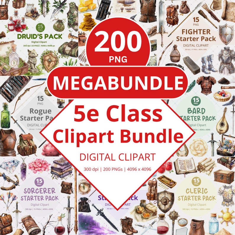 Fantasy TTRPG Printable Digital Sticker Bundle, 5e Classes Watercolor ...
