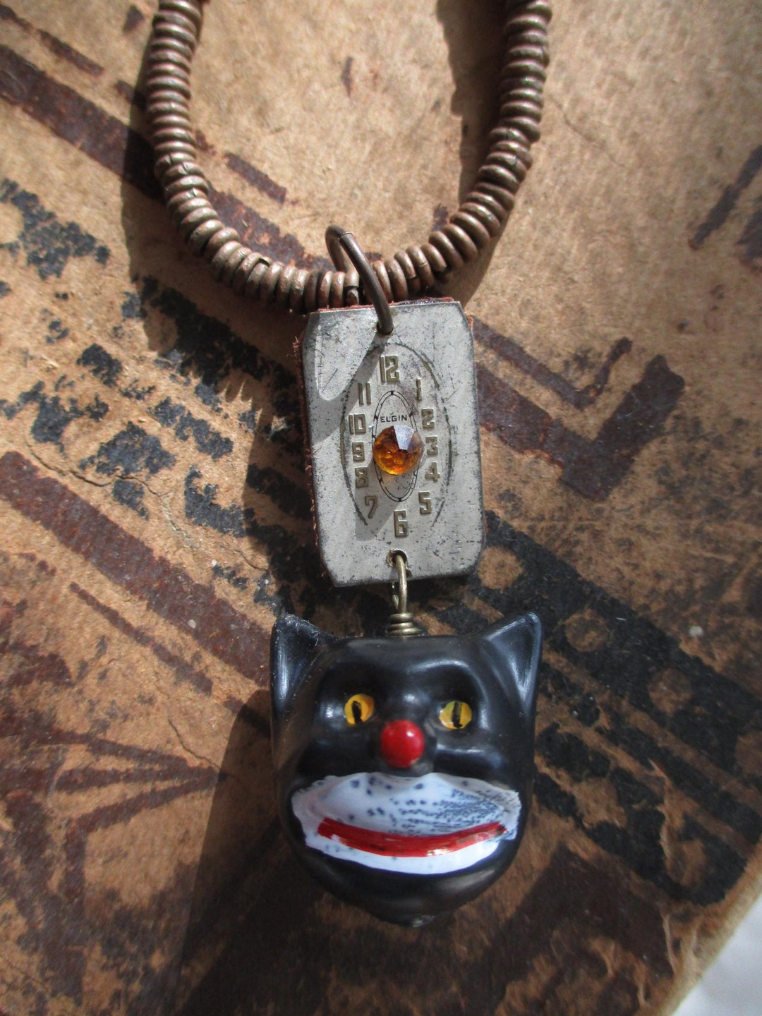 Kit Kat ~ Celluloid Black Cat Clock Face Tribal Beaded Halloween ...
