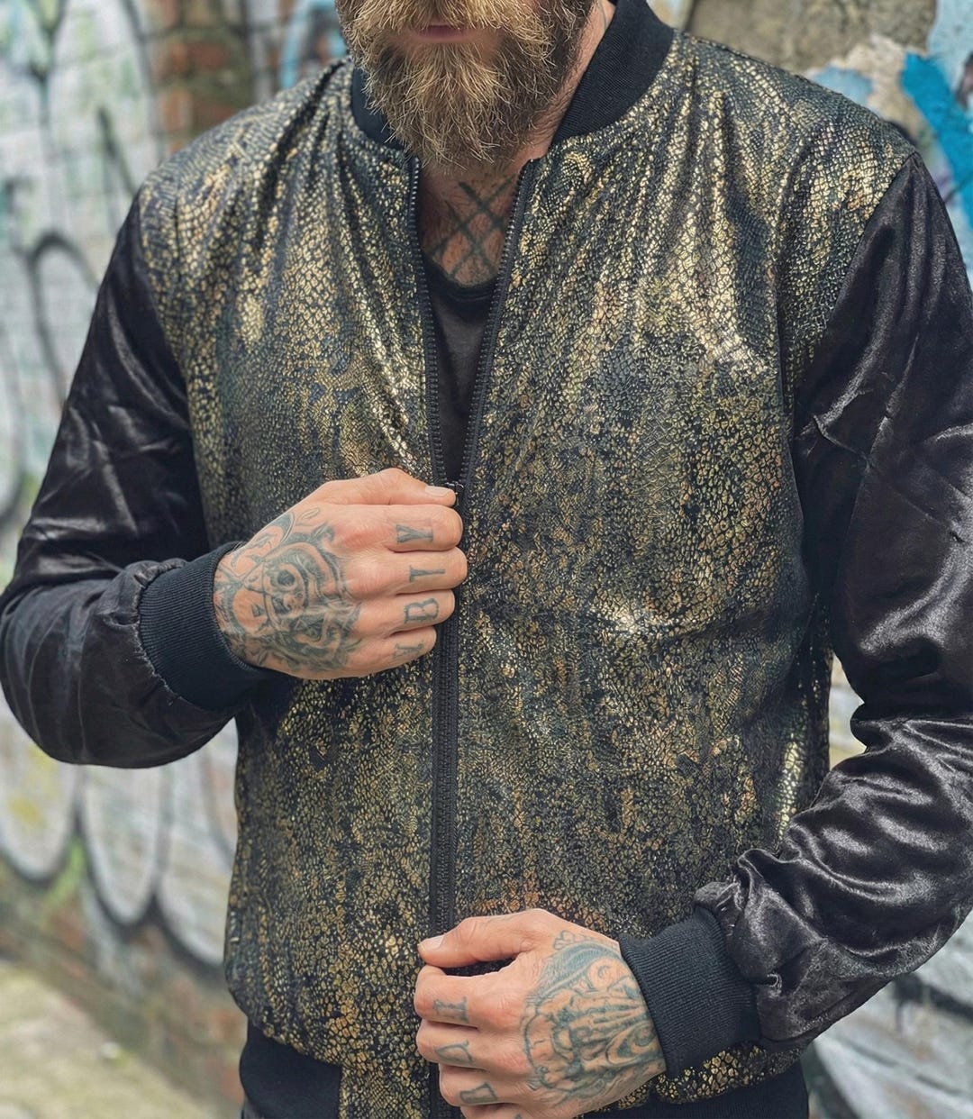 Black Gold Snake Skin Bomber Jacket – Rayon, Cotton, Inside Pockets ...