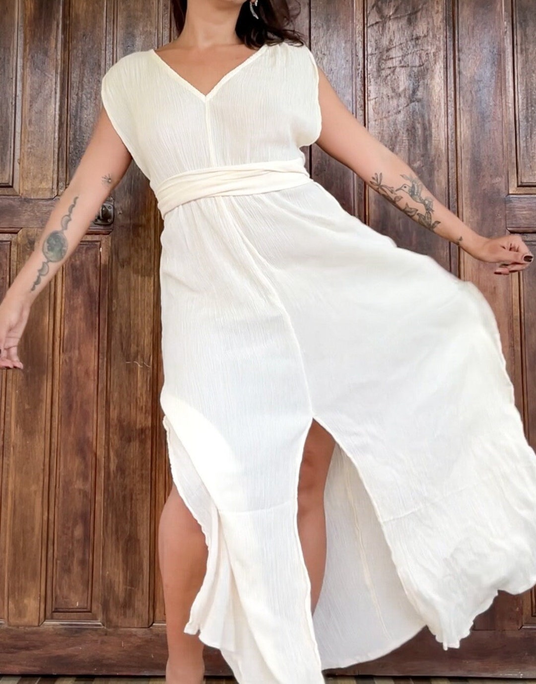 Goddess Beige Double Leg Slit Fall Dress, Belt Tank Long Bohemian ...