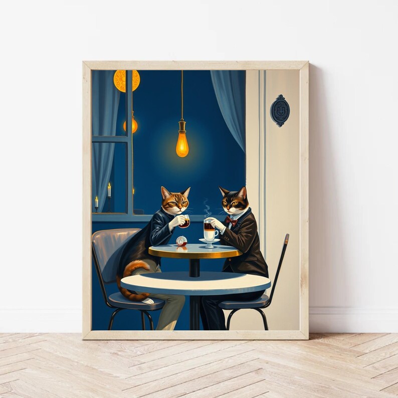 Quirky Cat Cafe Art – Elegant Cats Drinking Coffee at Night in Vintage ...