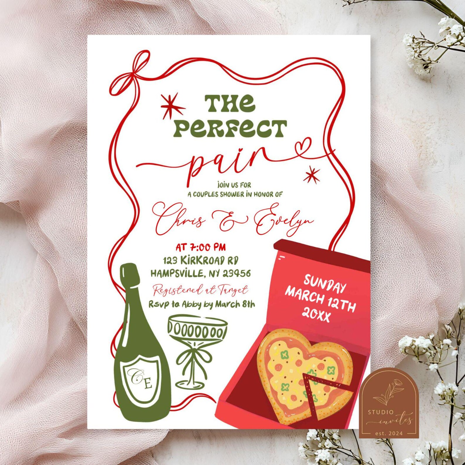 The Perfect Pair Pizza and Wine Couple Shower Invitation, Red Coquette ...