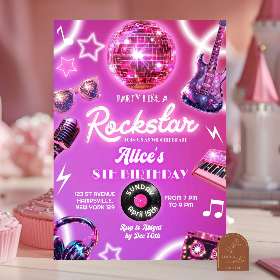 Neon Party Like Rockstar Birthday Invitation, Retro Pink Purple Disco ...