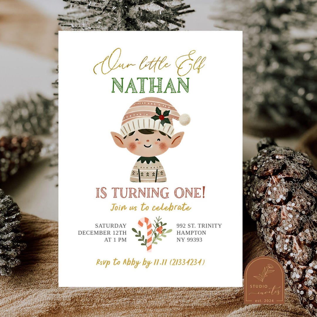 Our Little Elf First Birthday Invitation, Boho Elves 1st Christmas ...