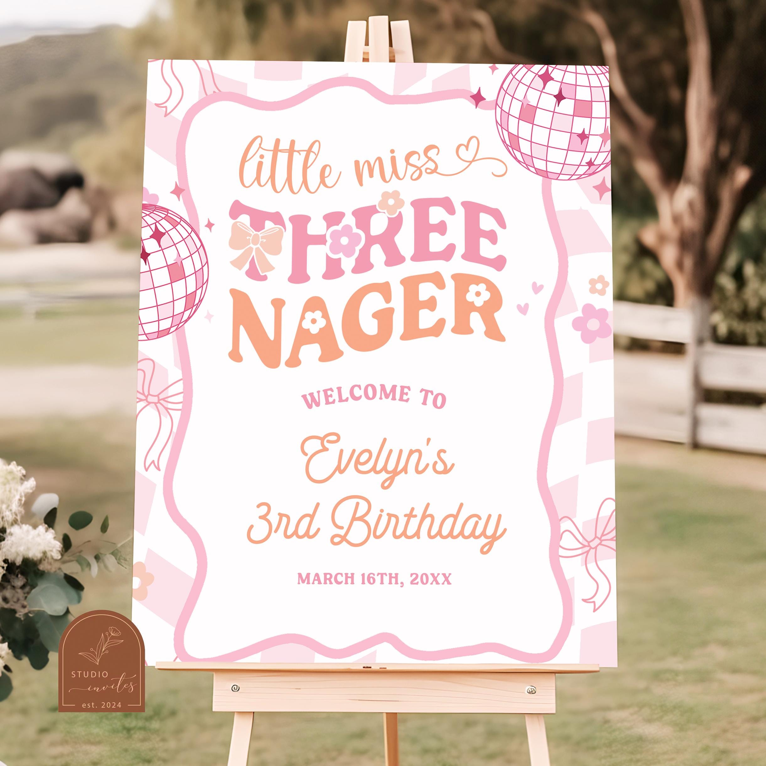 Preppy Little Miss Threenager Party Welcome Sign, Retro Pink Bow Disco ...