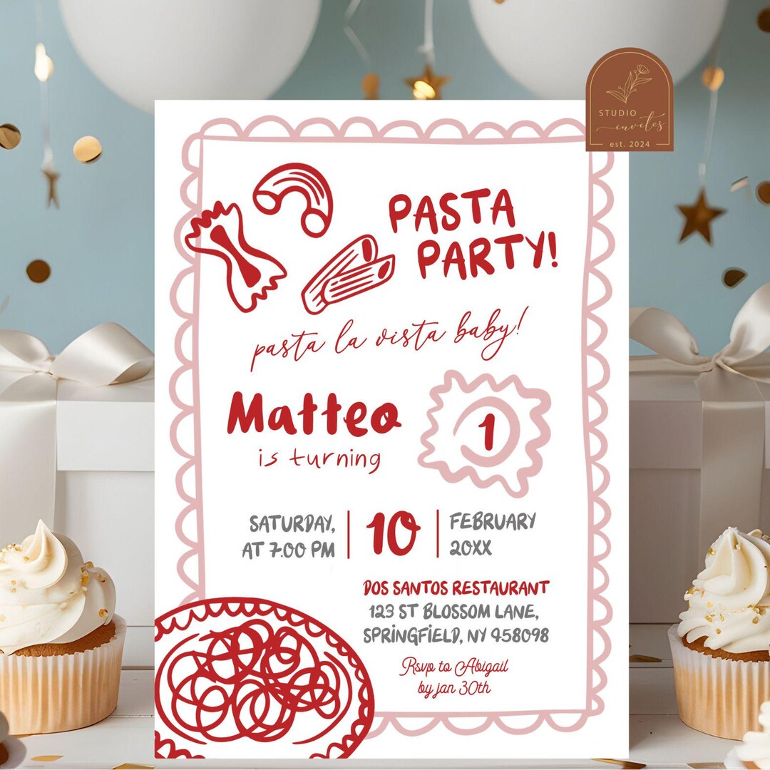 Illustrated Red Pizza and Pasta 1st Birthday Party, Ciao Pasta Baby ...