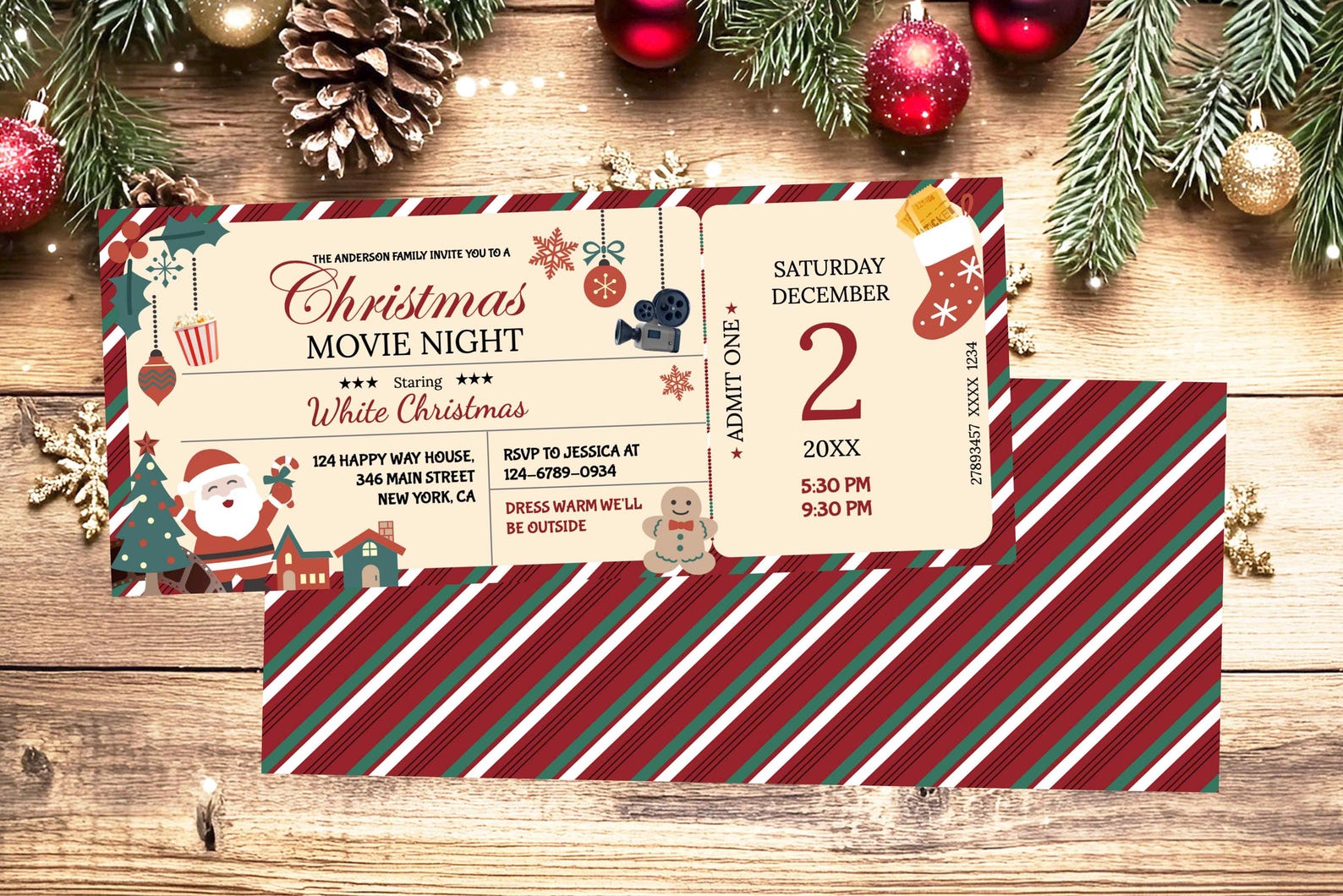 Christmas Movie Night Ticket Invitation, Winter Santa Outdoor Movie ...