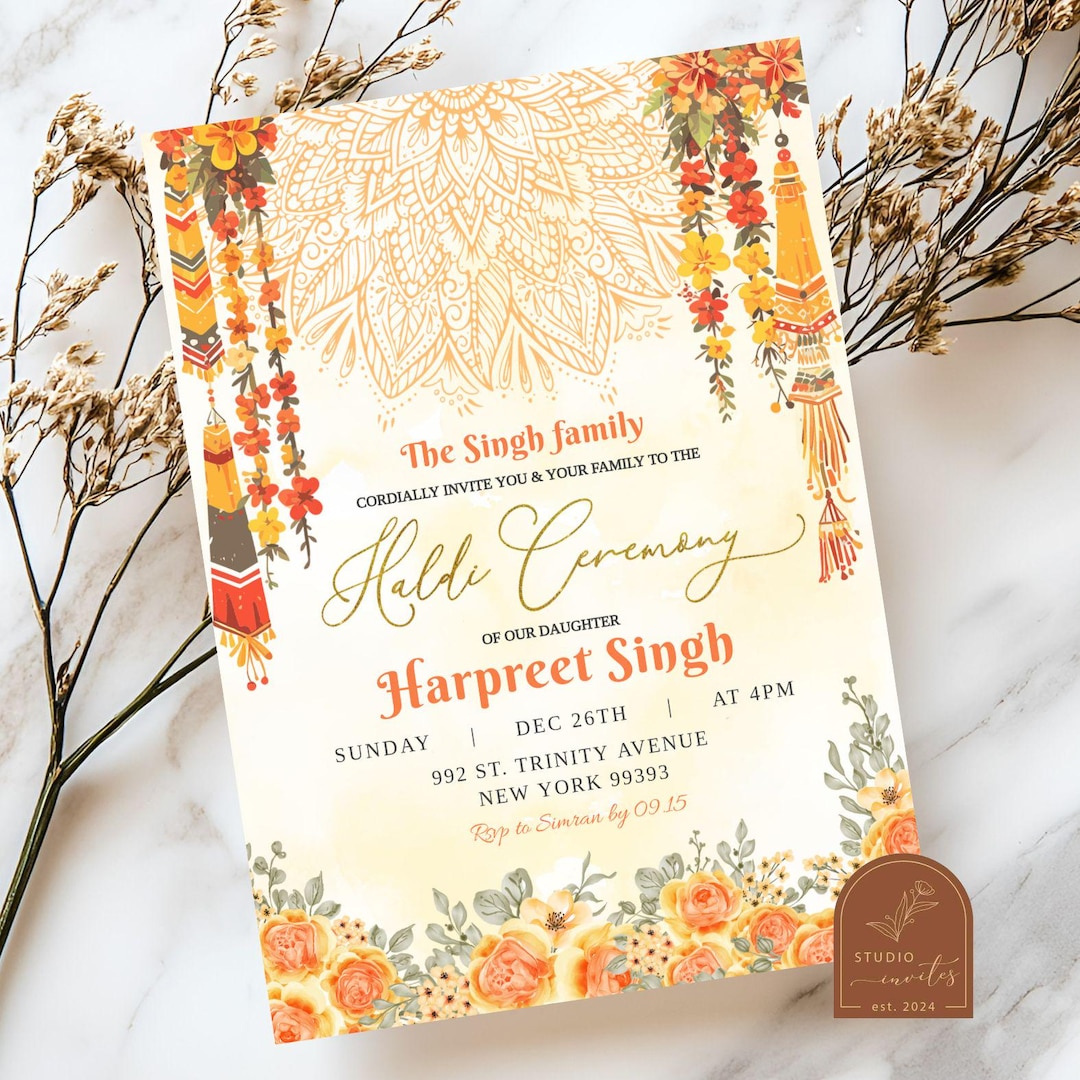 Indian Groom Haldi Ceremony Invitation, Orange Mendhi Ceremony, Hindu ...