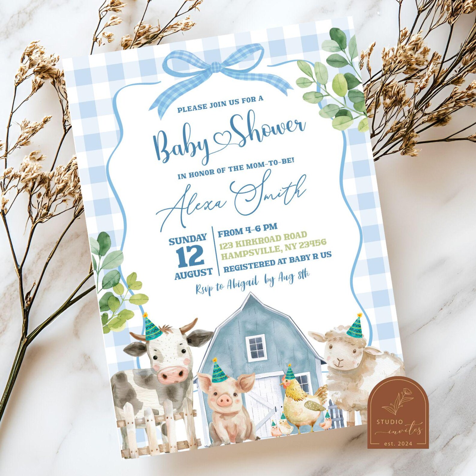 Preppy Blue Farm Animals Baby Shower Invitation, Blue Coquette Barnyard ...
