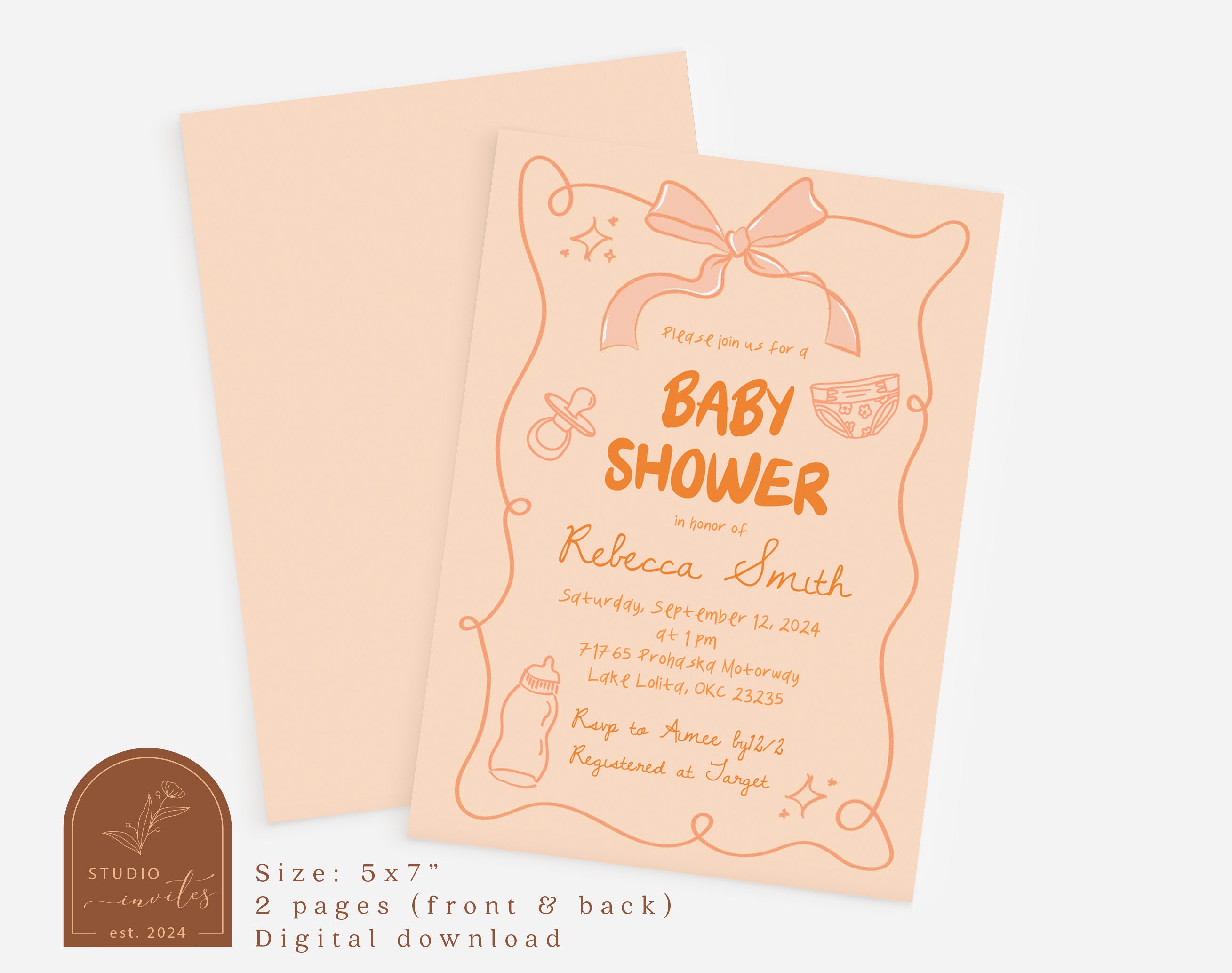 Editable Orange Bow Hand Drawn Girl Baby Shower Invitation, Orange Baby ...