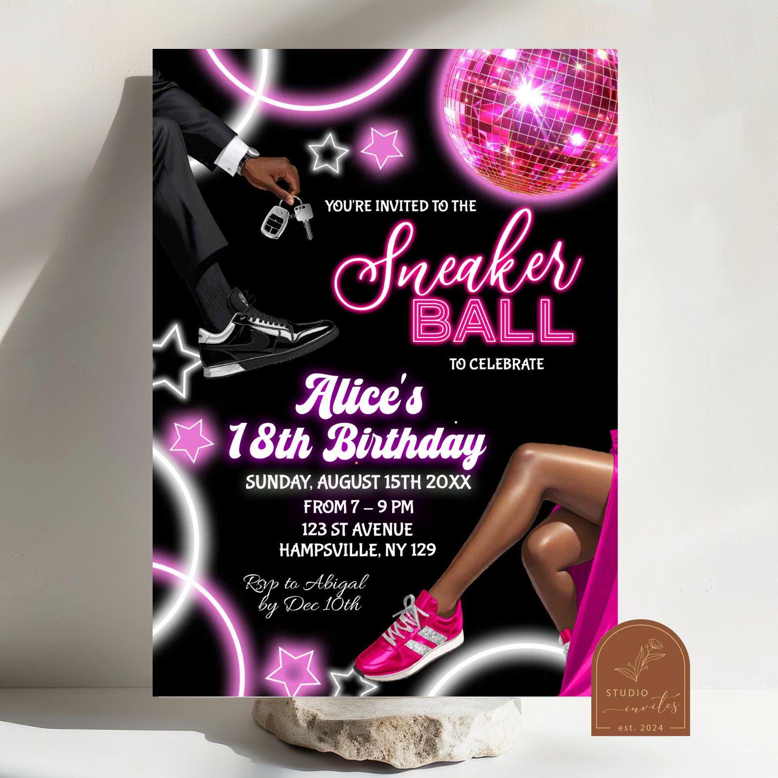 Neon Pink Sneaker Ball Teens Birthday Invitation, Retro Pink Disco Ball ...