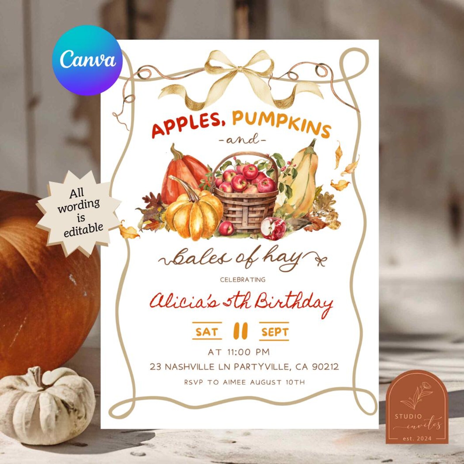 Coquette Apples Pumpkins and Bales of Hay Birthday Invite, Rustic Bow ...