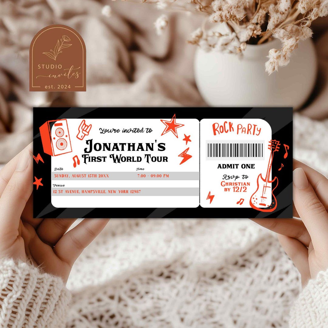 First World Tour Birthday Ticket Invitation, Born to Rockstar Birthday ...