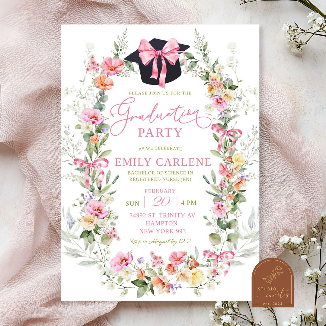 Pink Bow Wildflower Graduation Invite, Bright Floral Girl College ...