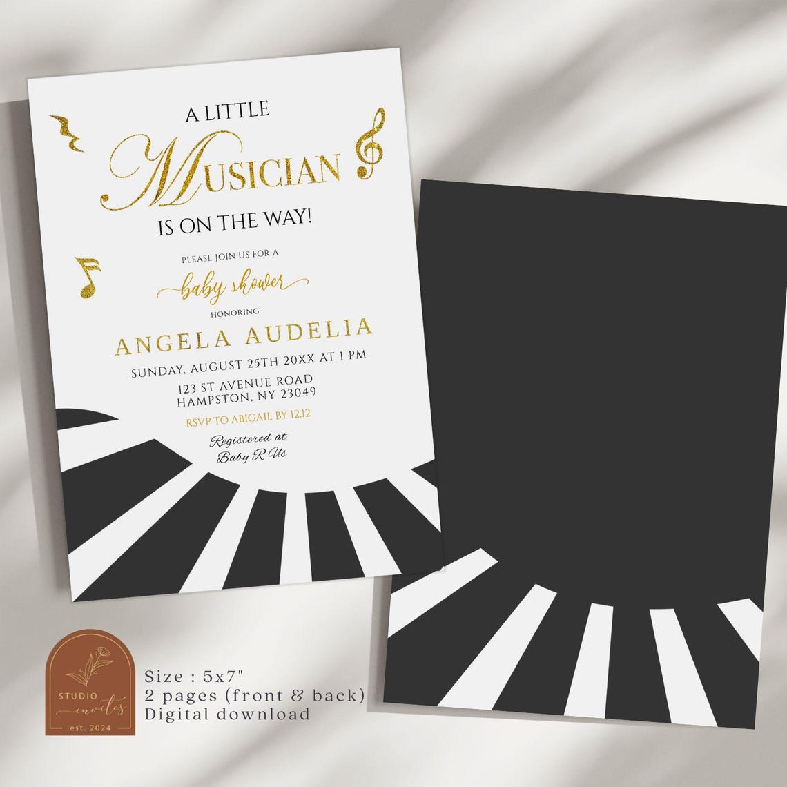 Gold Little Musician Baby Shower Invitation, Summer Piano Recital Baby ...