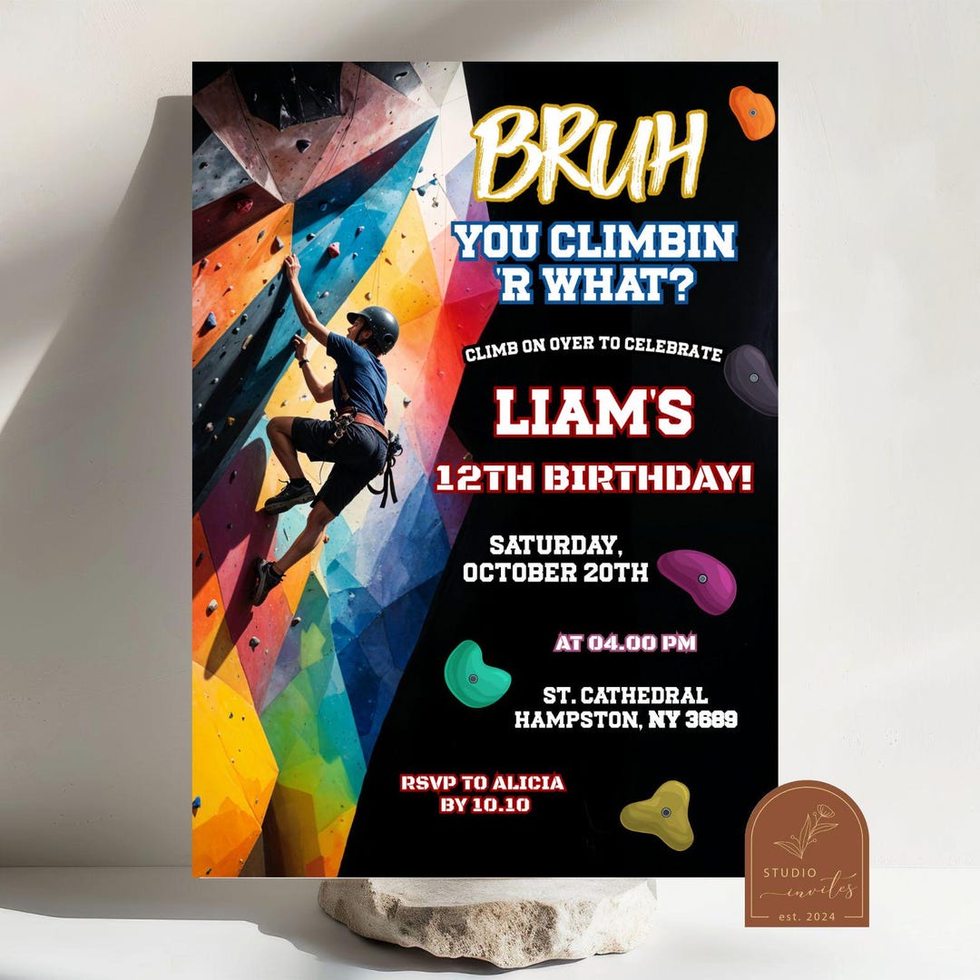 Rock Climbing Birthday Boy Invitation, Indoor Rock Wall Kids Birthday ...