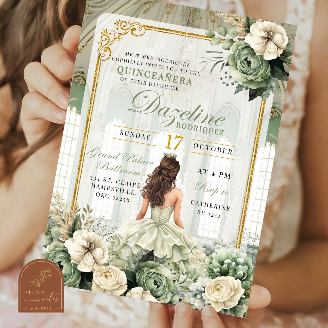 Royal Ballroom Sage Green Quinceañera Invitation, Luxury Gold Royal ...