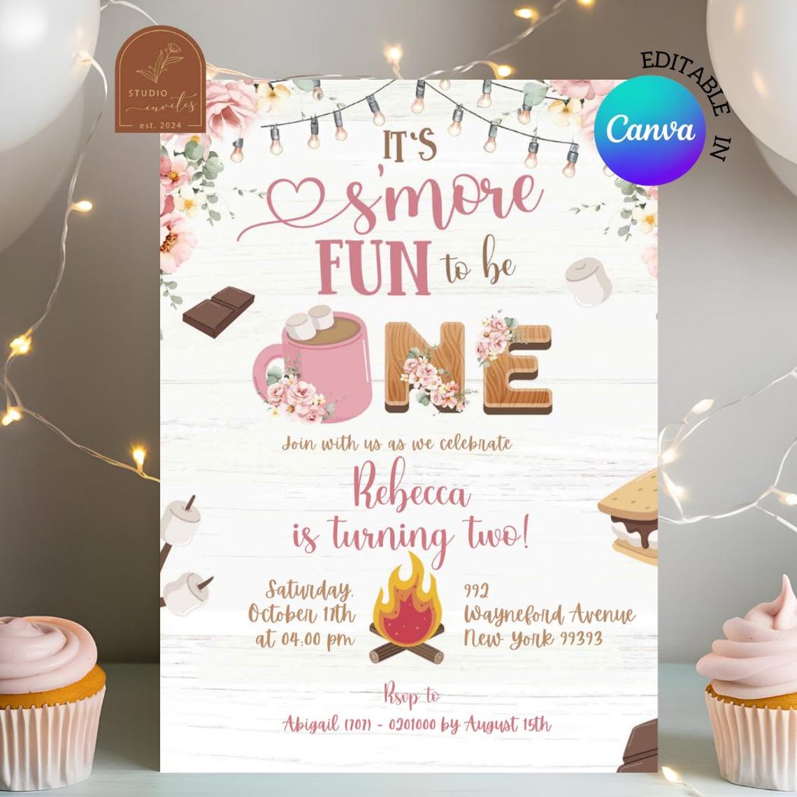 Pink S'more Girl First Birthday Invitation, It's Smore Fun to Be One ...