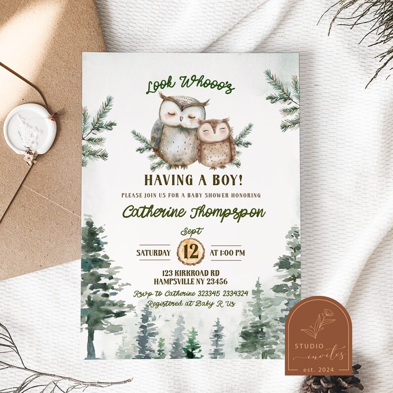 Boho Greenery Owl Baby Shower Invitation, Woodland Sleeping Owl Baby ...