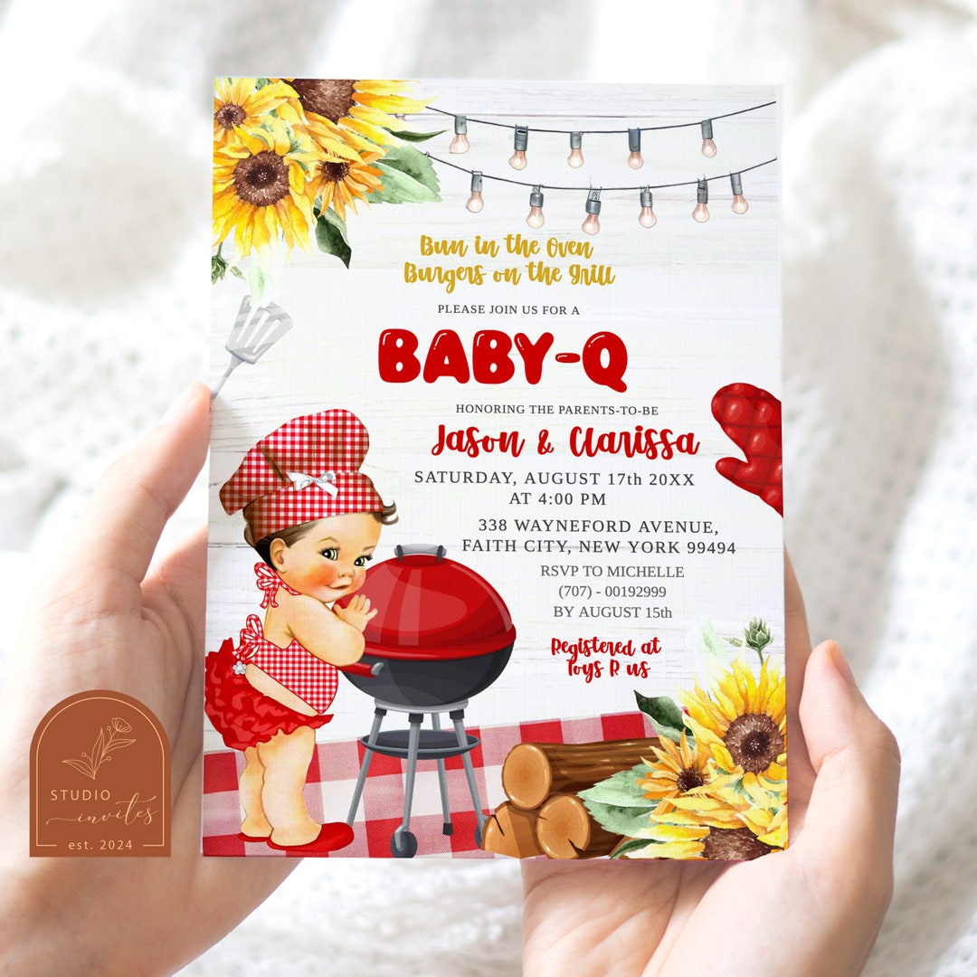 Sunflower Backyard Baby-q Baby Shower Invitation, Red Gingham Outdoor ...