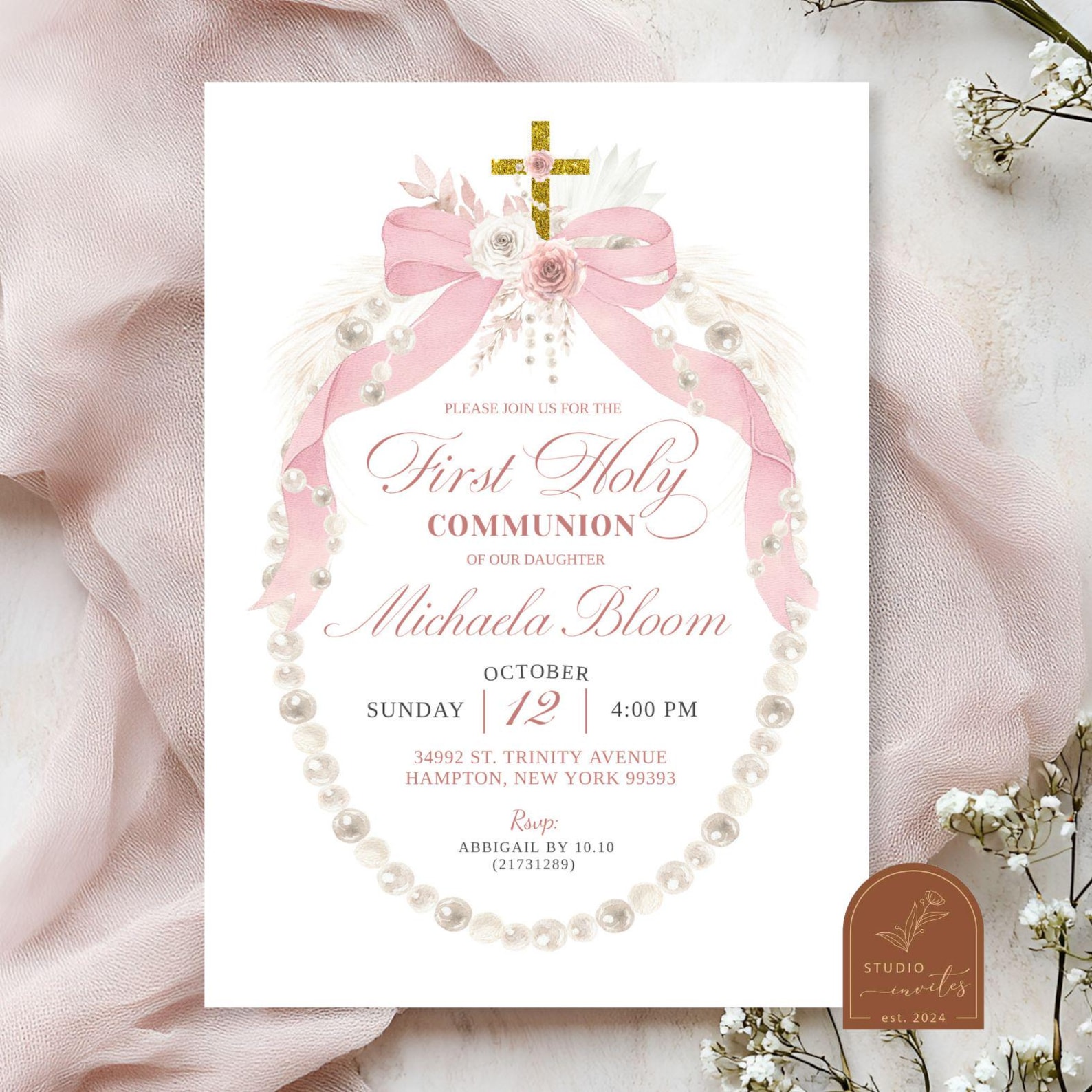 Pink Bow Pearls First Holy Communion Invitation, Boho Floral Holy ...